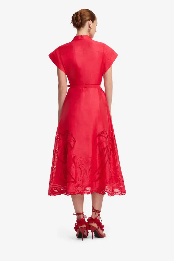 LEO LIN Aubrey Palm Shirt Midi Dress - Scarlet