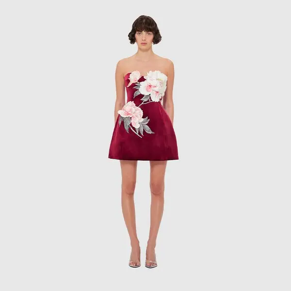 LEO LIN Rosanne Velvet Appliqué Floral Bustier Mini Dress - Garnet
