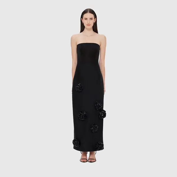 LEO LIN Rayna Embellished Wool Blend Bustier Maxi Dress - Ebony