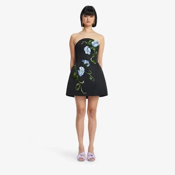 LEO LIN Zaria Appliqué Floral Bustier Mini Dress - Vine Print In Ebony