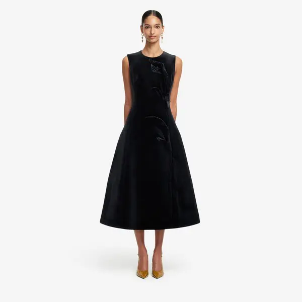 LEO LIN Velvet Sleeveless Midi Dress With 3d Floral Appliqu - Ebony