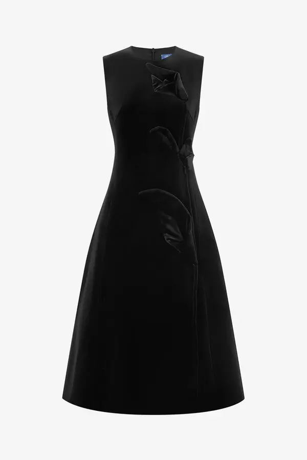 LEO LIN Velvet Sleeveless Midi Dress With 3d Floral Appliqu - Ebony