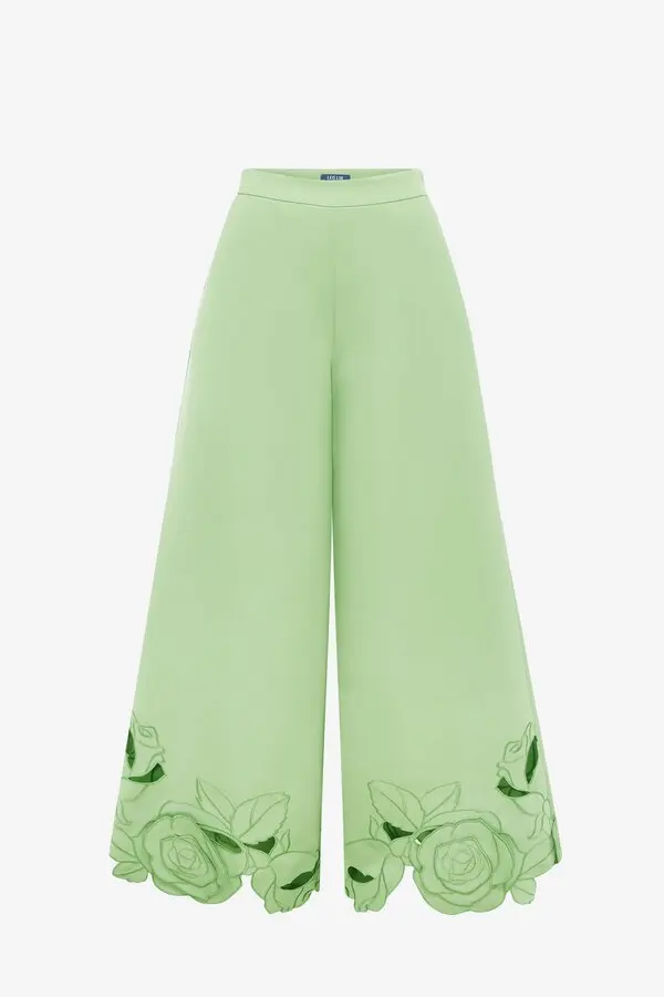 LEO LIN Theodora Appliqué Wide-leg Pants - Juniper Green