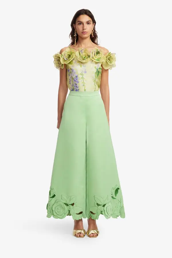 LEO LIN Theodora Appliqué Wide-leg Pants - Juniper Green