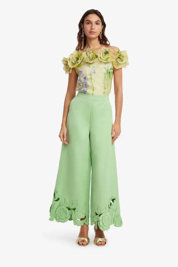 LEO LIN Theodora Appliqué Wide-leg Pants - Juniper Green