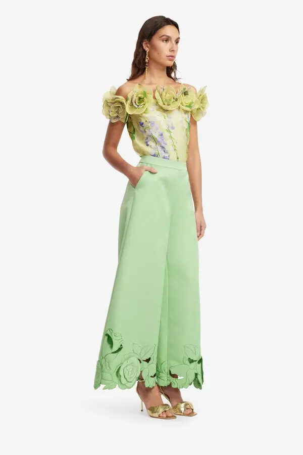 LEO LIN Theodora Appliqué Wide-leg Pants - Juniper Green