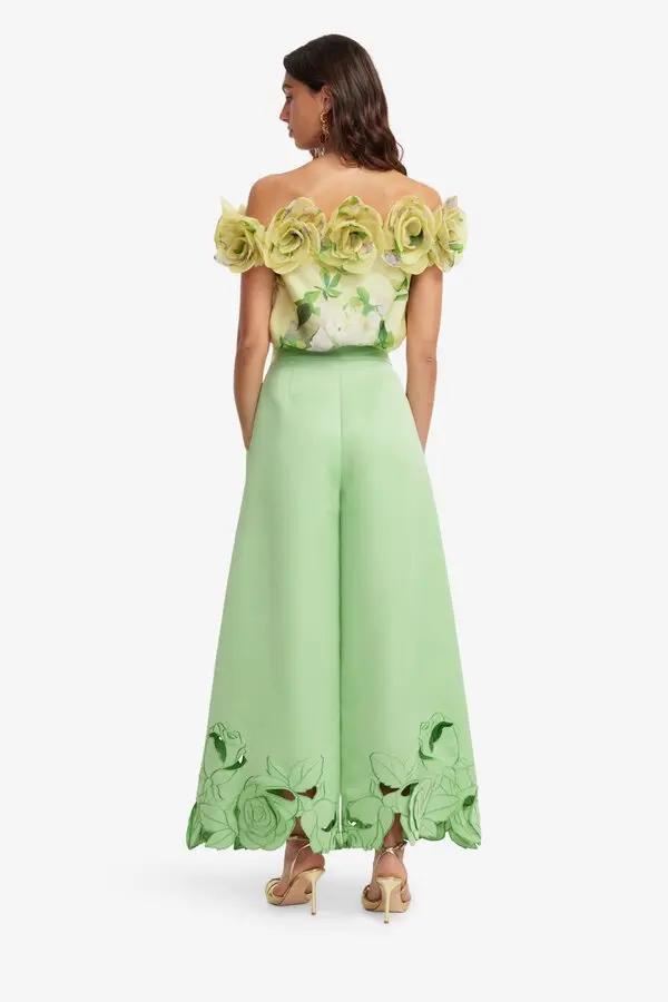 LEO LIN Theodora Appliqué Wide-leg Pants - Juniper Green