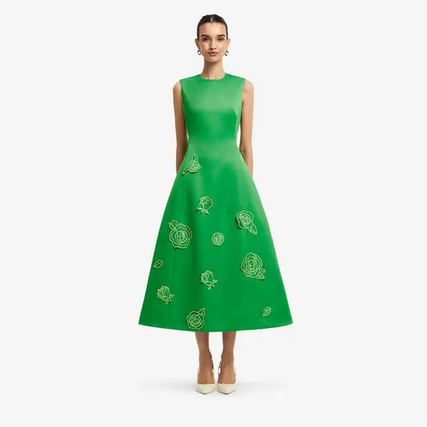 LEO LIN Sleeveless Midi Dress With Floral Appliqu - Verdant