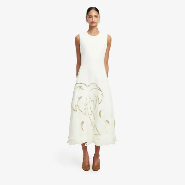 LEO LIN Cleo Palm Sleeveless Midi Dress - Vanilla