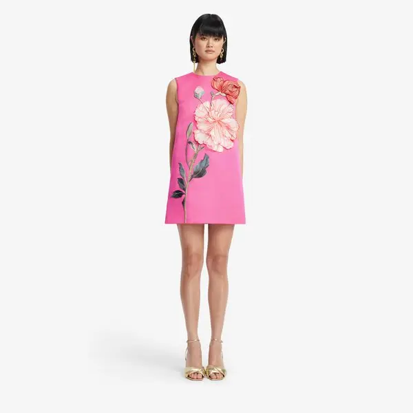 LEO LIN Yvonne Appliqué Floral Mini Dress - Peony Print In Fuchsia