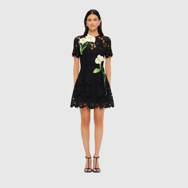 LEO LIN Margot Embroidered Lace Mini Dress - Ebony