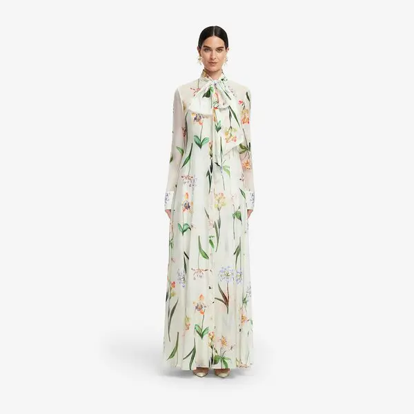 LEO LIN Lilith Tie Neck Maxi Dress - Botanical Print In Snow