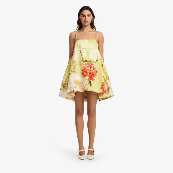 LEO LIN Patsy Embellished Puff Mini Dress - Peony Print In Yellow