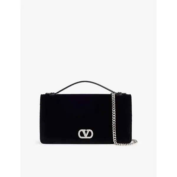 Valentino Garavani Vlogo Crystal Velvet Wallet-on-chain - Nero/crystal