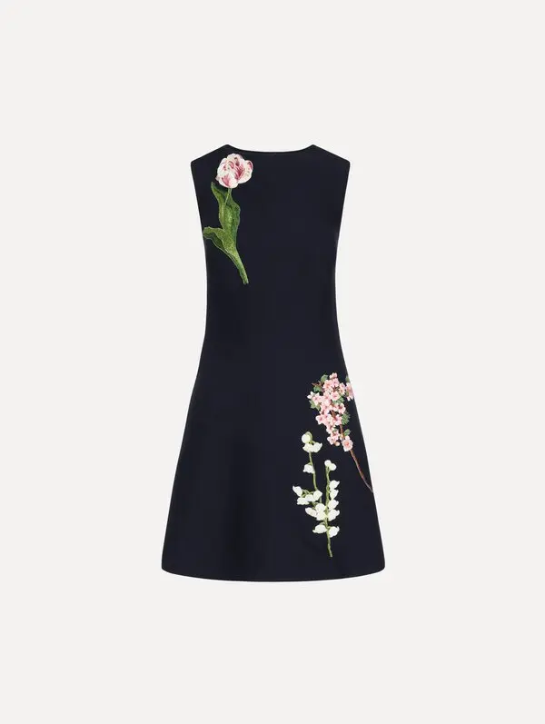 Oscar De La Renta Mixed Botanical Embroidered Dress - Navy