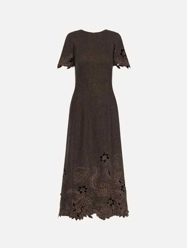 Oscar De La Renta Peony Cutout Twill Herringbone Midi Dress - Brown