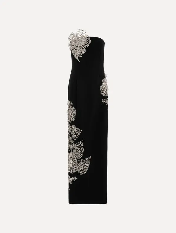 Oscar De La Renta Crystal Leaves Embroidered Cocktail Dress - Black