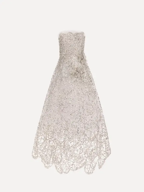Oscar De La Renta Crystal Leaves Embroidered Gown - Silver