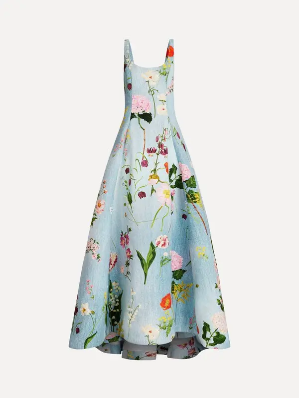 Oscar De La Renta Mixed Botanical Faille Gown - Blue