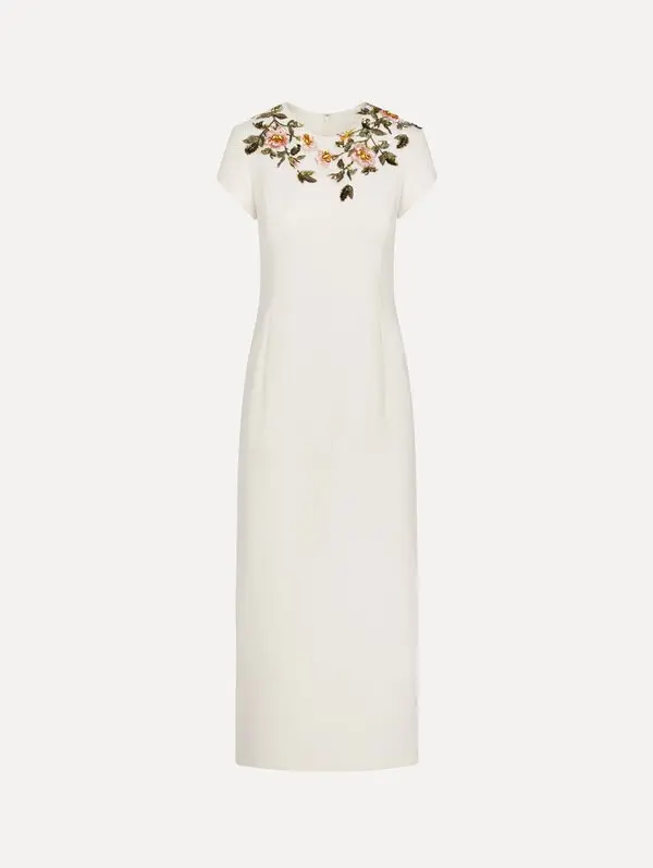 Oscar De La Renta Beaded Floral Embroidered Pencil Dress - Ivory