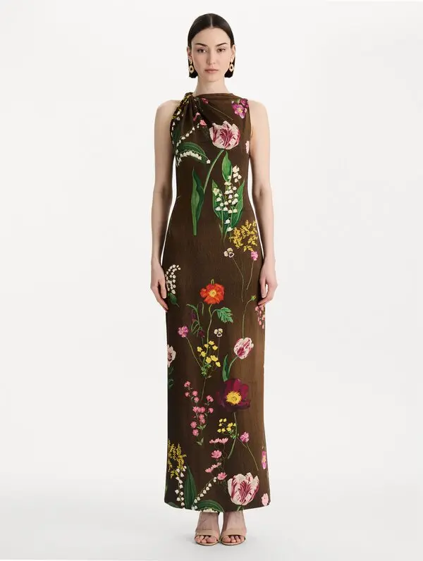 Oscar De La Renta Botanical Printed Milano Jersey Dress - Brown