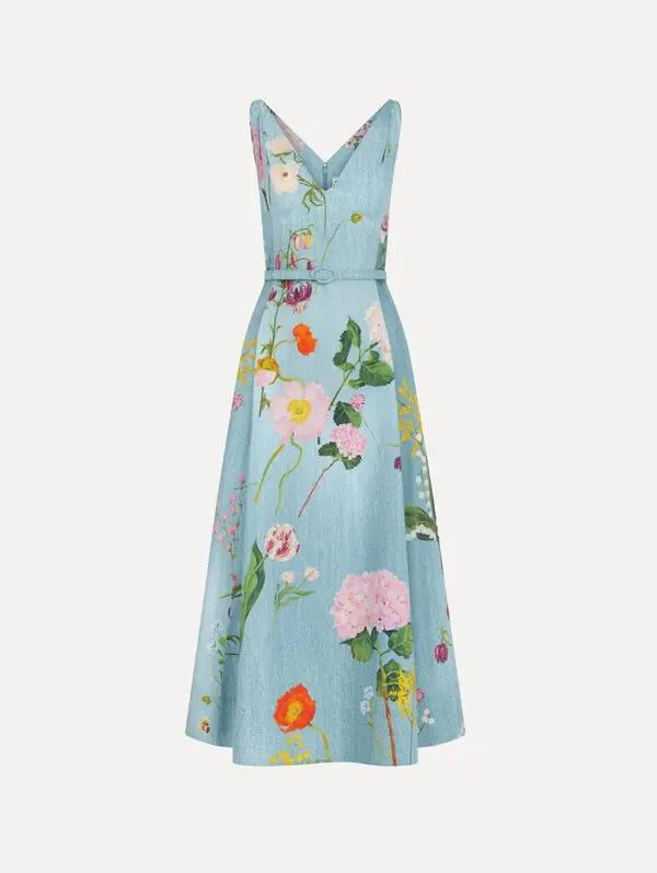 Oscar De La Renta Floral Print Cotton Poplin Dress - Blue