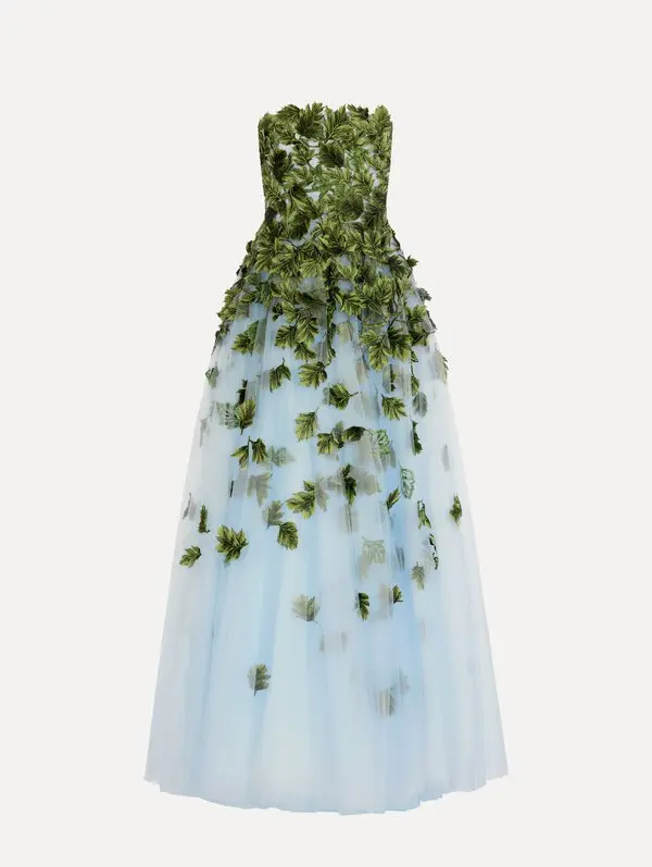 Oscar De La Renta Maple Leaf Appliqué Gown - Blue