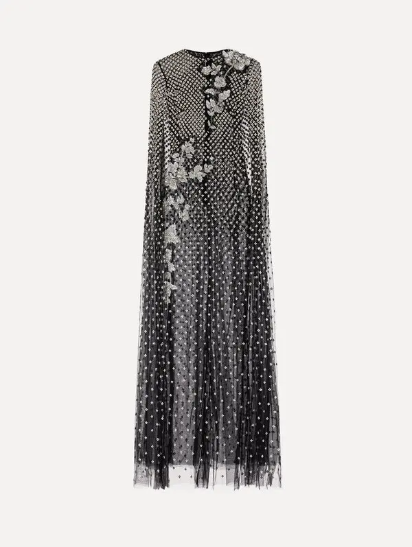 Oscar De La Renta Crystal Grid Floral Embroidered Kaftan - Silver