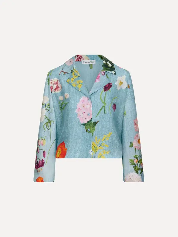 Oscar De La Renta Mixed Botanical Silk Twill Blouse - Blue