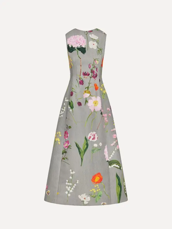 Oscar De La Renta Mixed Botanical Faille Sleeveless Dress