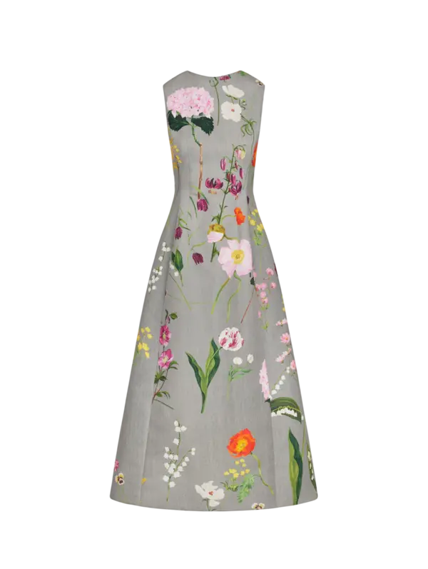 Oscar De La Renta Mixed Botanical Faille Sleeveless Dress - Grey