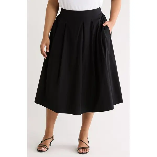 Nordstrom Pleated Cotton Poplin Midi Skirt - Black