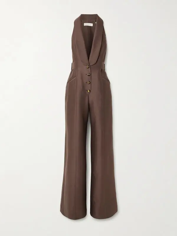 Zimmermann Alchemy Buckled Wool And Silk-blend Halterneck Jumpsuit - Brown