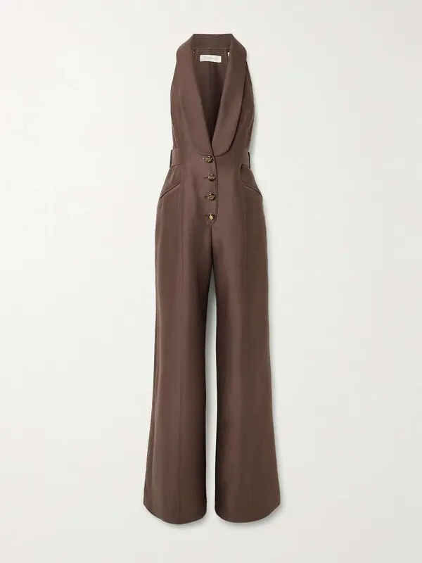 Zimmermann Alchemy Buckled Wool And Silk-blend Halterneck Jumpsuit - Chocolate