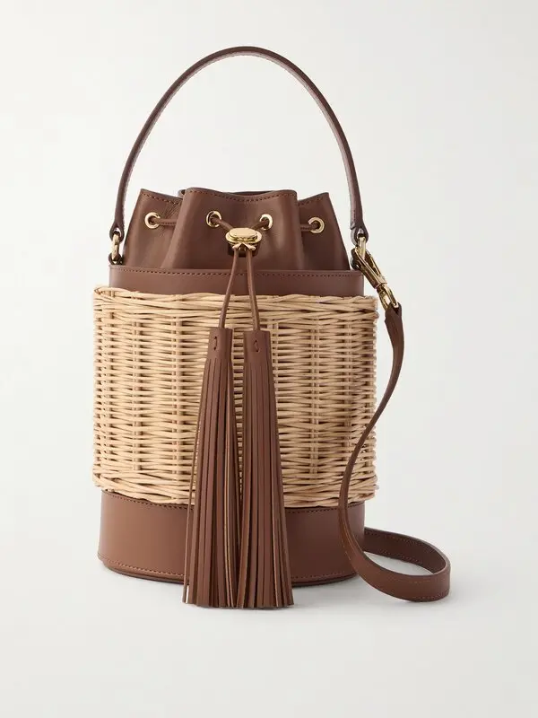 GIANVITO ROSSI Rattan-trimmed Leather Bucket Bag - Brown