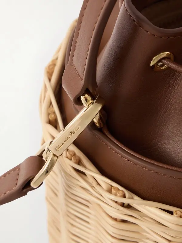 GIANVITO ROSSI Rattan-trimmed Leather Bucket Bag - Brown