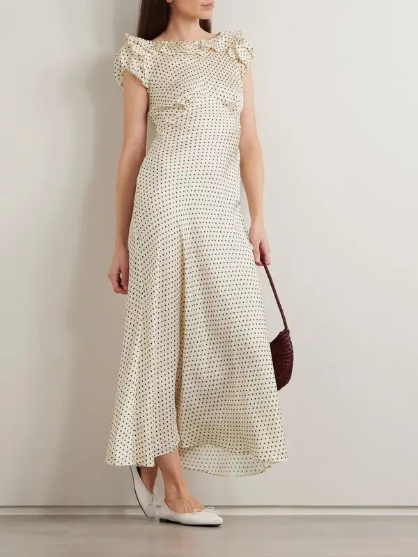 DÔEN Emerence Ruffled Polka-dot Silk-blend Twill Midi Dress - Neutrals