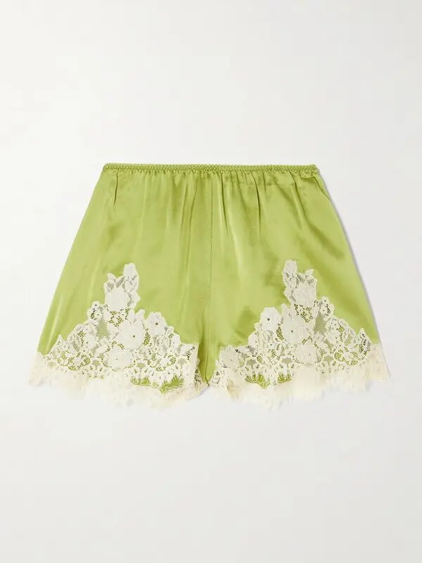 DÔEN Iona Lace-trimmed Silk-satin Shorts - Green