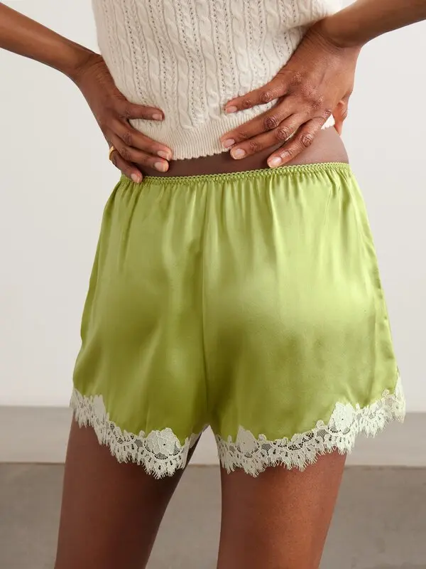 DÔEN Iona Lace-trimmed Silk-satin Shorts - Green