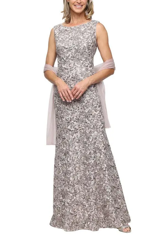 Alex Evenings Beaded Floral Gown With Chiffon Shawl