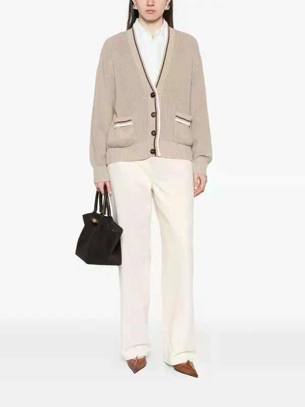 Brunello Cucinelli Buttoned Striped-detail Cardigan - Neutrals