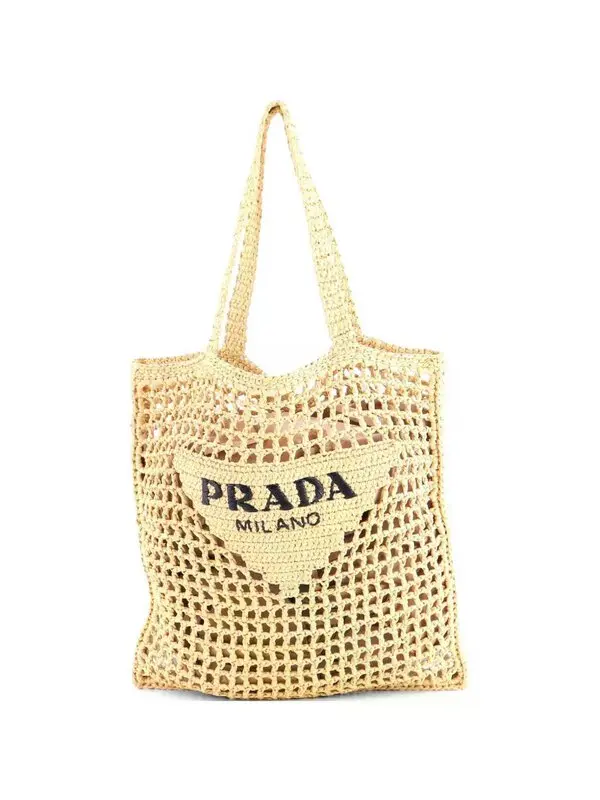 Prada Triangle Logo Open Raffia Tote Bag