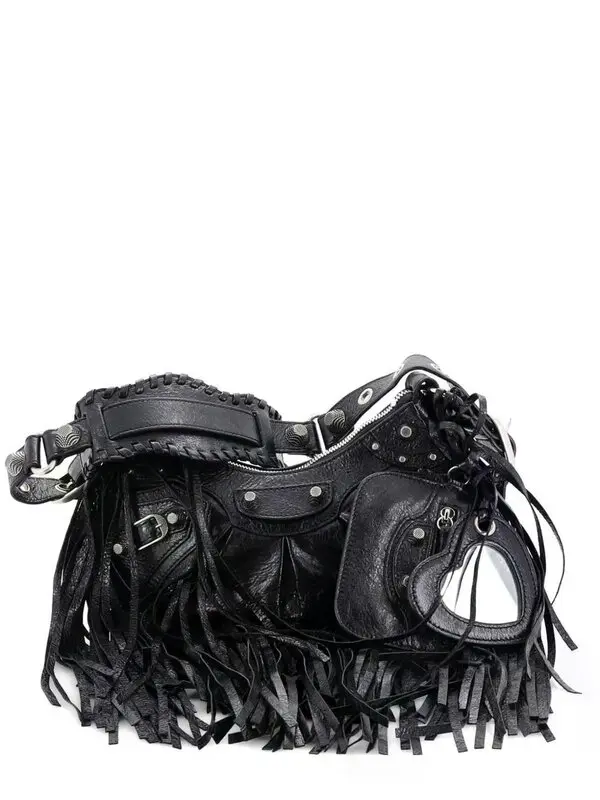 Balenciaga Le Cagole Giant Studs Fringe Shoulder Bag Leather Xs Hobo Bag - Black