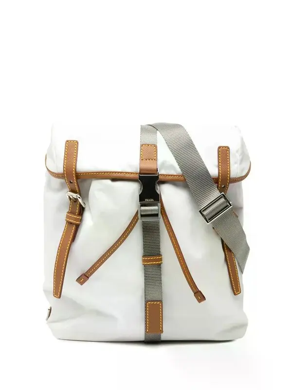 Prada Saffiano Trimmed Tessuto Triple Buckle Messenger Bag - White