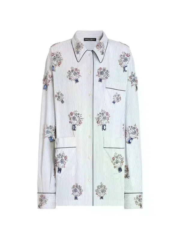 Dolce & Gabbana Poplin Shirt With Crystal Flower Embroidery - White