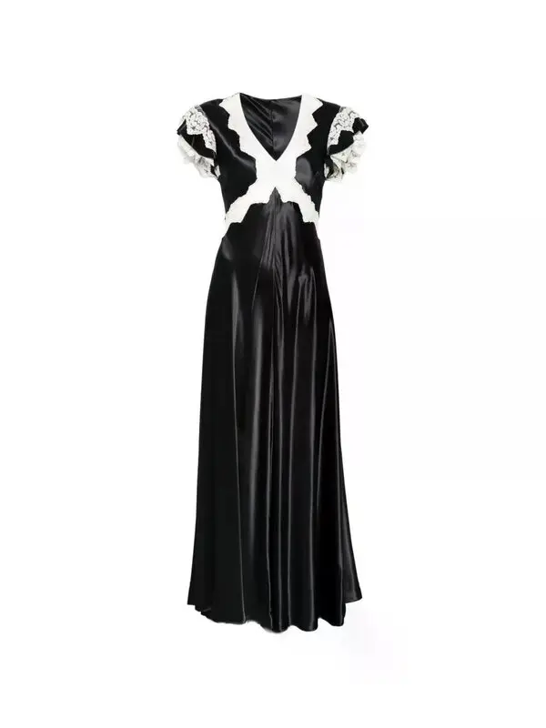 Alberta Ferretti Lace Trimmed V-neck Maxi Dress - Black