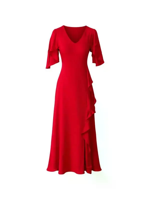 NOUVELLE SILK95FIVE Arizona Ruffled V-neck Midi Dress - Red