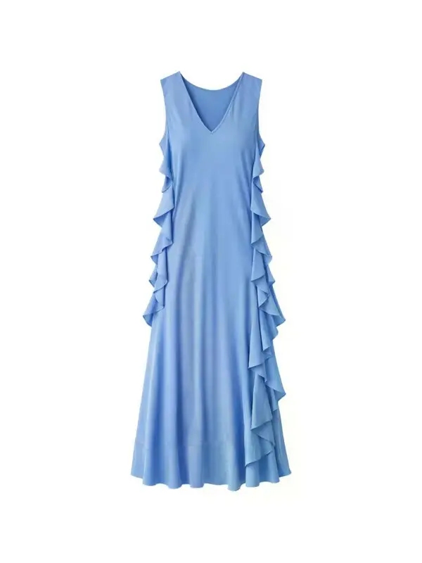NOUVELLE SILK95FIVE Ruffled V-neck Midi Dress