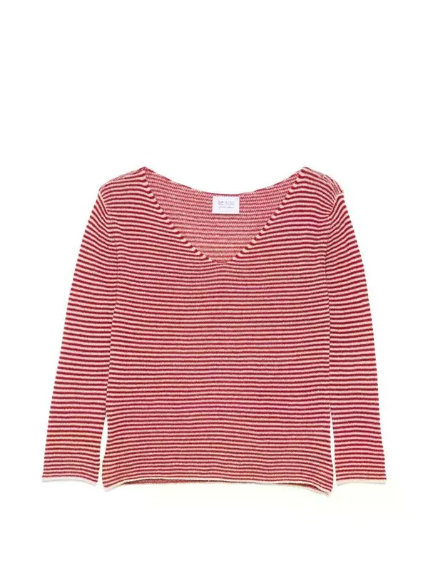 BEYOU Striped V-neck Sweater - Red