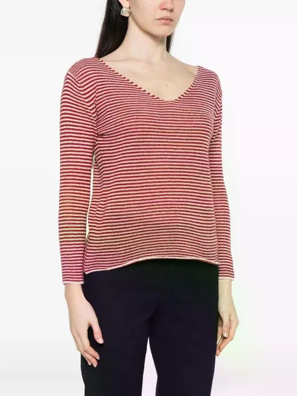 BEYOU Striped V-neck Sweater - Red